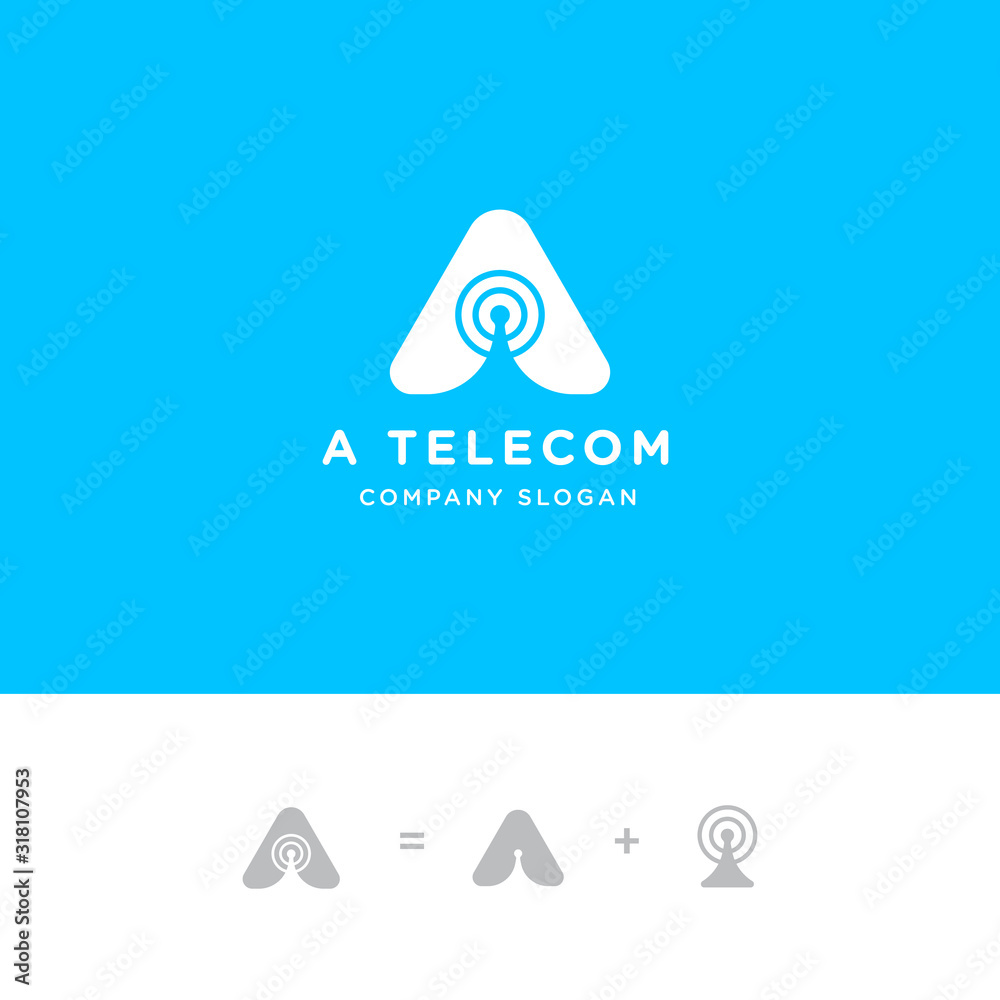 Initial A letter for Tower signal antenna logo and radio signal wave ...