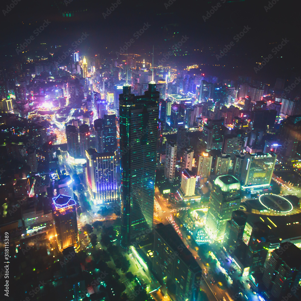 Beautiful super wide-angle night aerial view of Shenzhen, China with ...