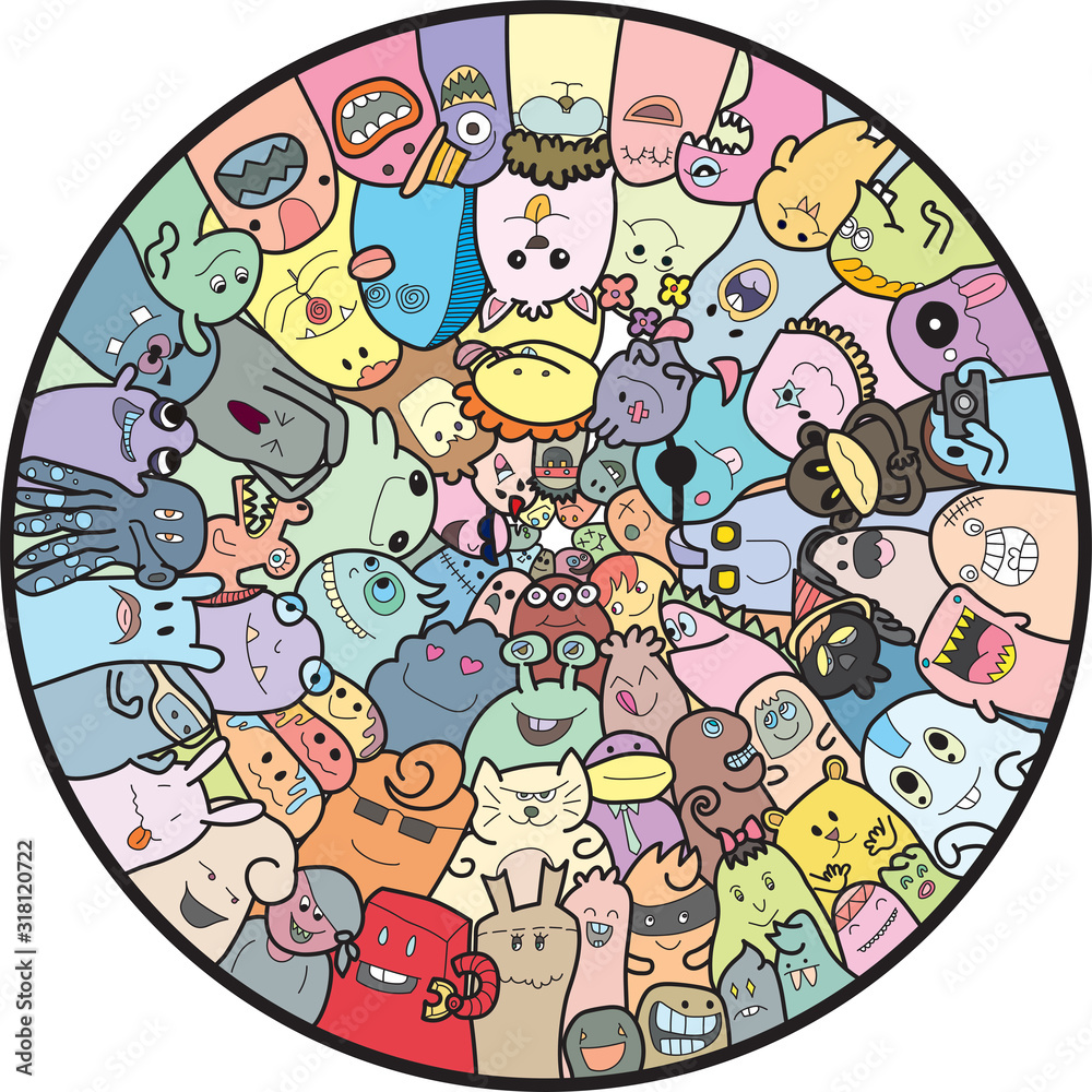 Funny monsters circle shape pattern for coloring book. illustration ...