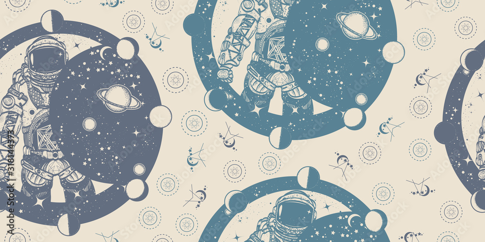 Astronaut in space. Seamless pattern. Packing old paper, scrapbooking ...