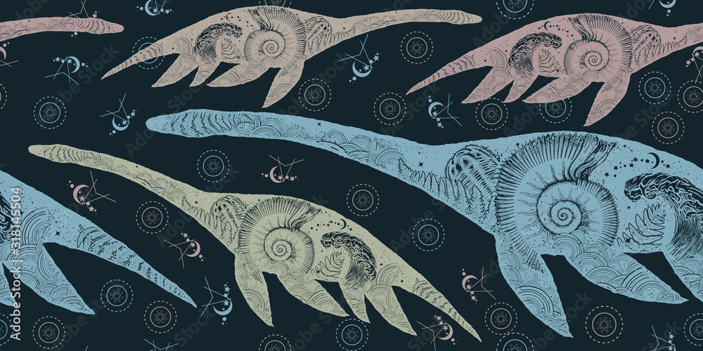 Plesiosaur. Seamless pattern. Packing old paper, scrapbooking style ...