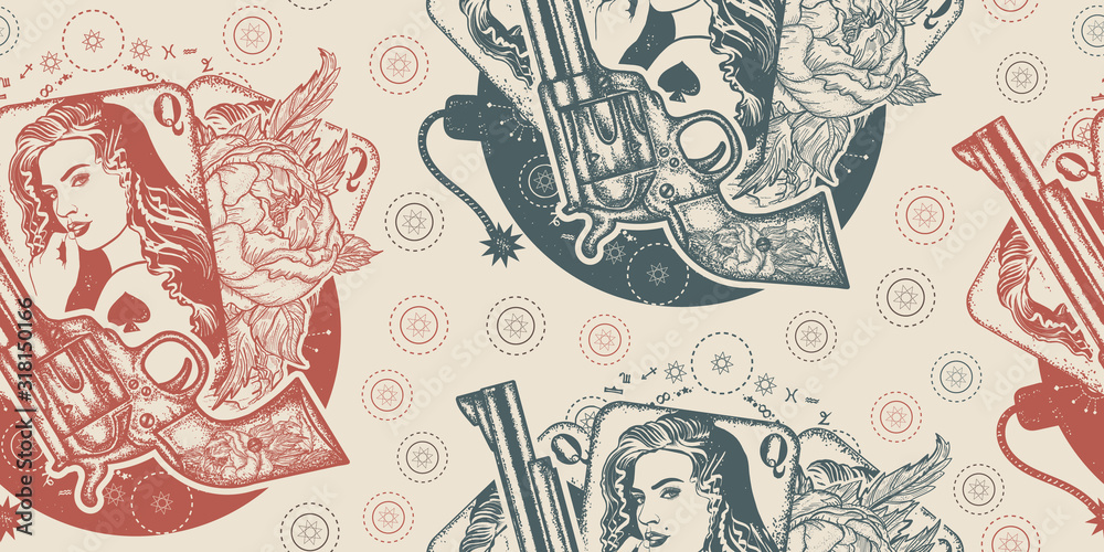 Revolver, playing cards, beautiful girl and bomb. Seamless pattern ...