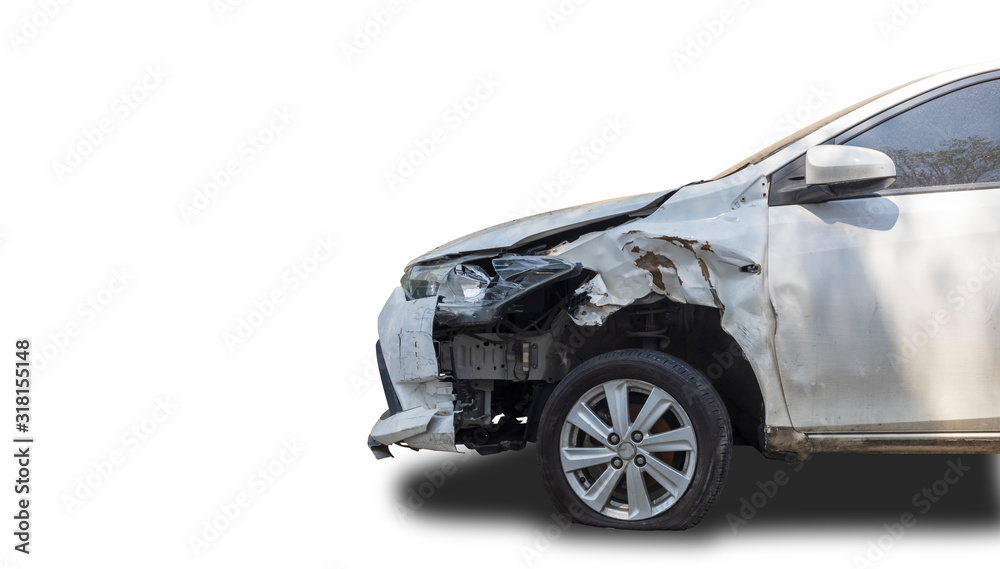 Front of white color car big damaged and broken by accident isolated on ...