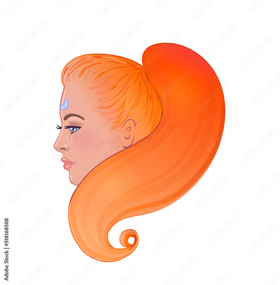 Profile portrait of redhead caucasian girl with long red hair isolated ...