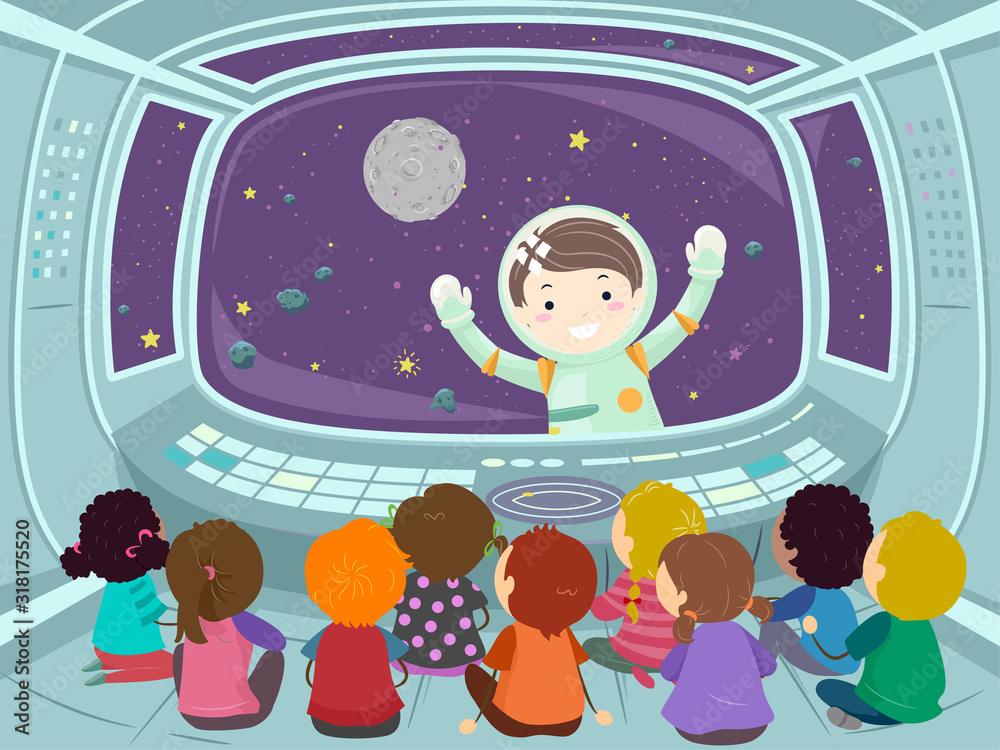 Stickman Kids Observe Space Window Astronaut Stock Vector | Adobe Stock