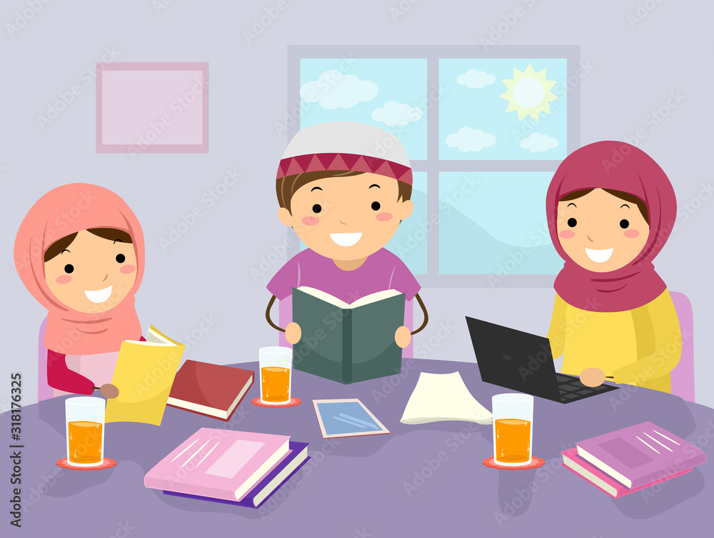 Stickman Kids Siblings Muslim Study Illustration Stock Vector | Adobe Stock