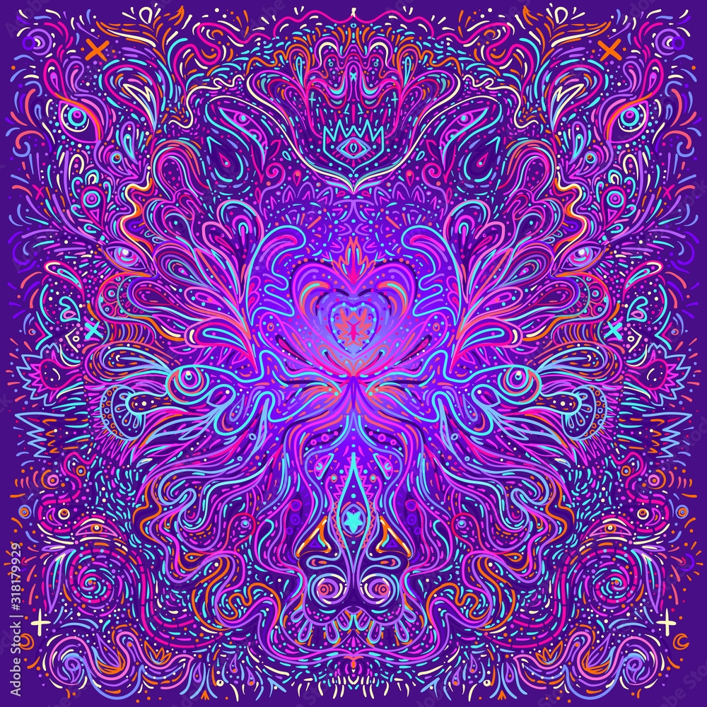 Hypnotic shamanic acid patterned background. Hand drawn design in ...