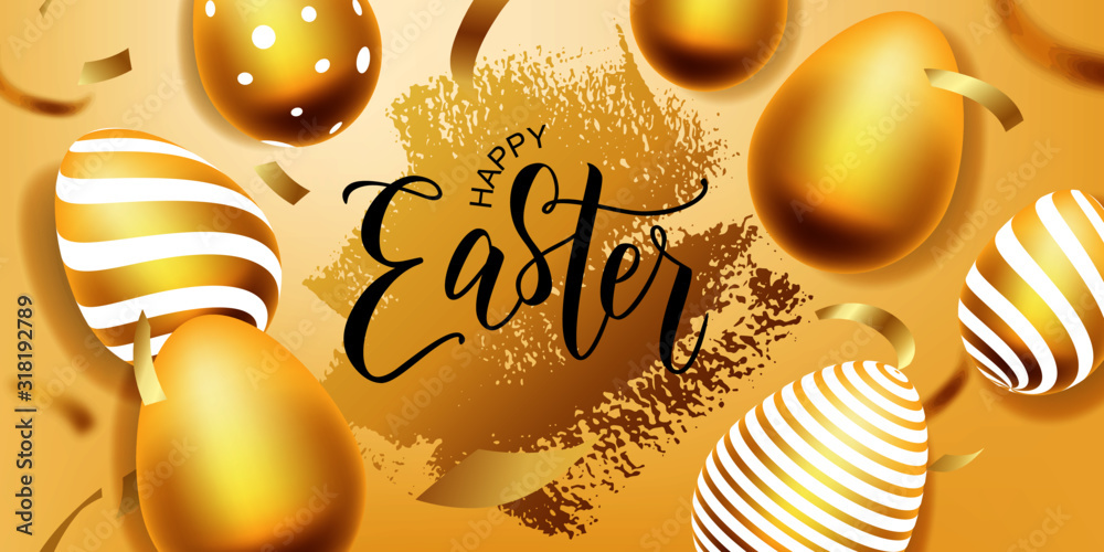 Happy Easter hand lettering with gold realistic looking ester eggs ...