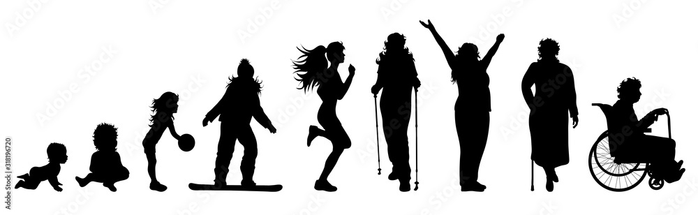 Vector silhouette of woman in different age on white background. Symbol ...
