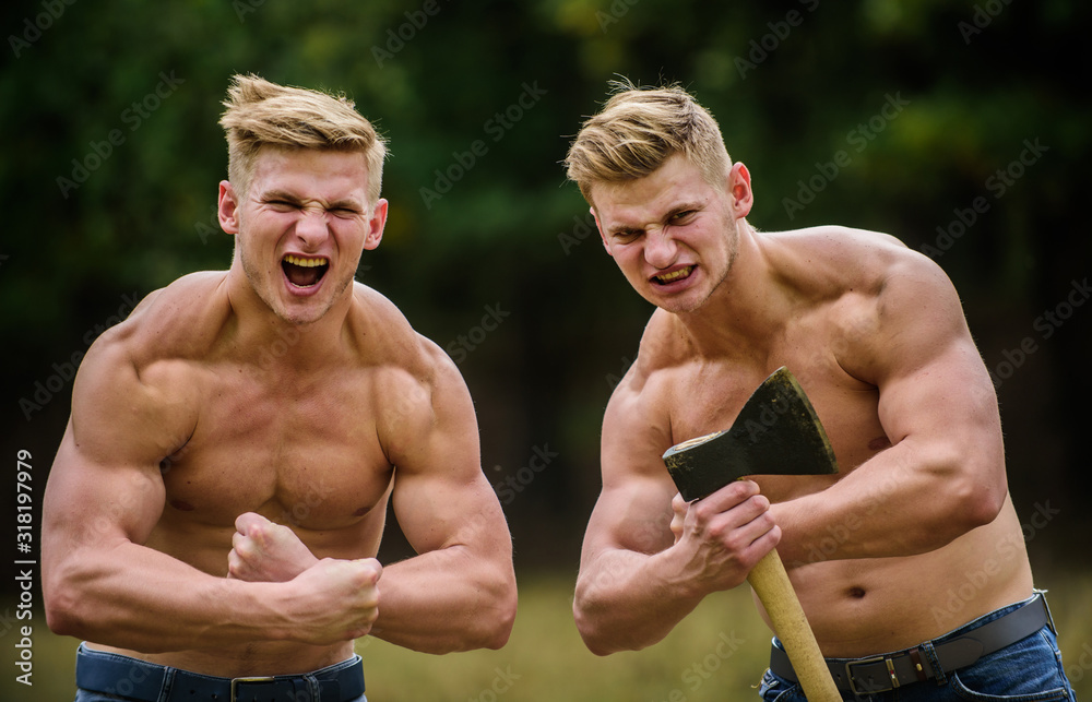 Strength and perseverance. Handsome brothers. Strong men nature ...