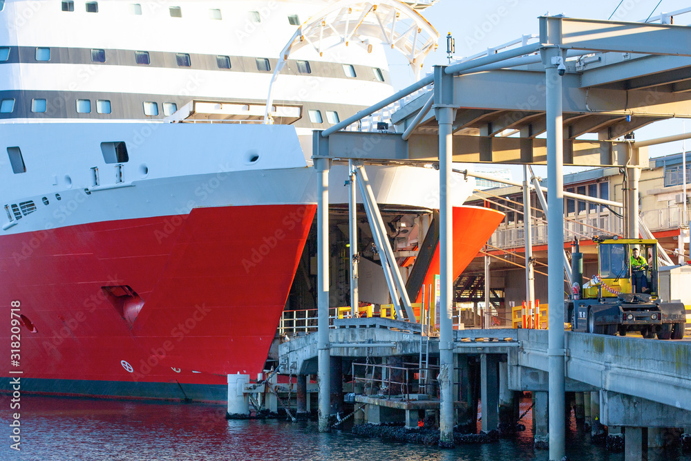 The bow of the large red ferry Spirit of Tasmania with an open cargo ...