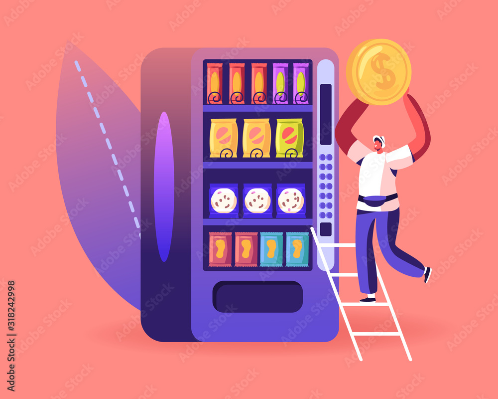 Vending Machine Food Concept. Man Put Coin for Buying Various Snacks ...