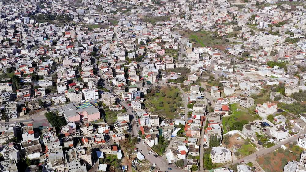 Aerial view of Shfaram, a large dense Sunni Muslim populated city in ...