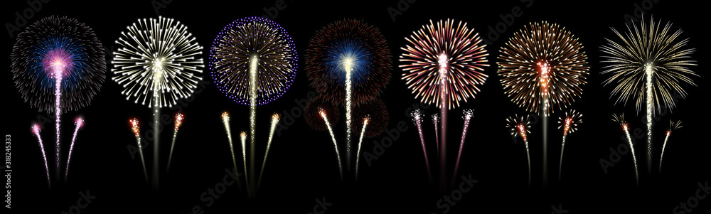 Set of bright, realistic fireworks on a transparent background ...
