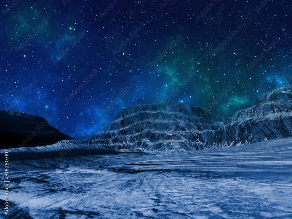 Outer space landscape with alien planet surface, hills, nebula and ...