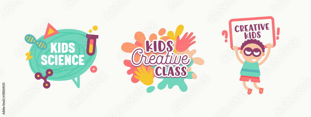 Kids Science, Creative Class Banners, Stickers or Badges Set Cute ...