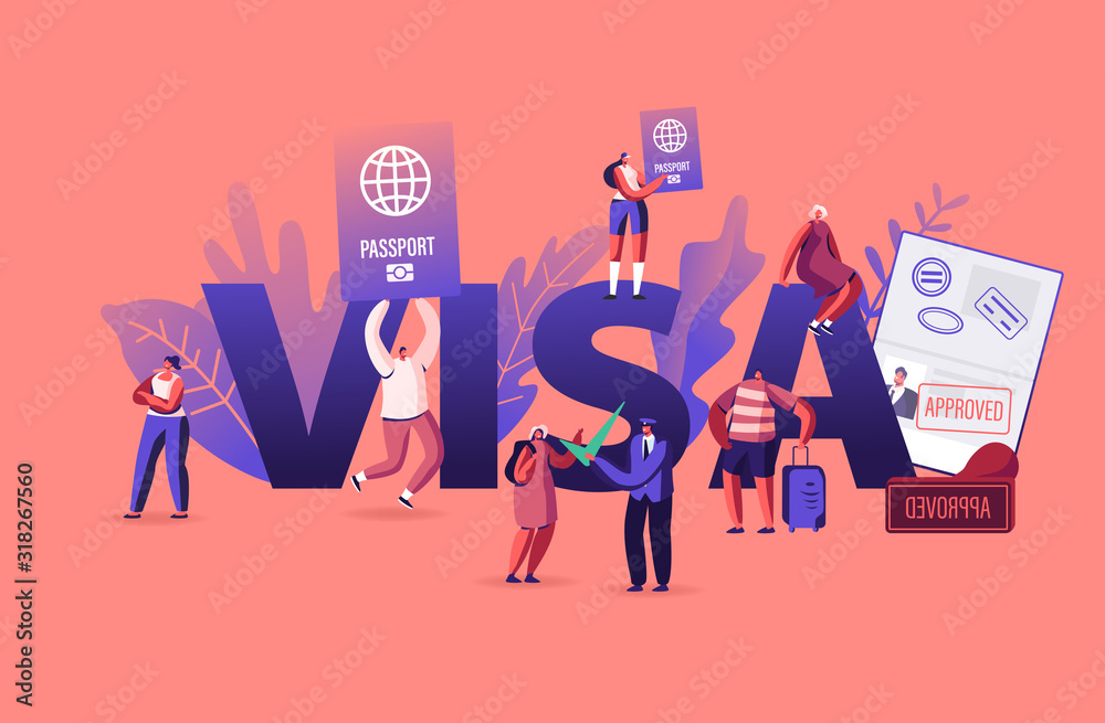 People Getting Visa Concept. Travelers and Tourists Making Document for ...