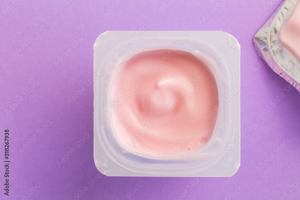 Healthy strawberry fruit flavored yoghurt with natural coloring in ...