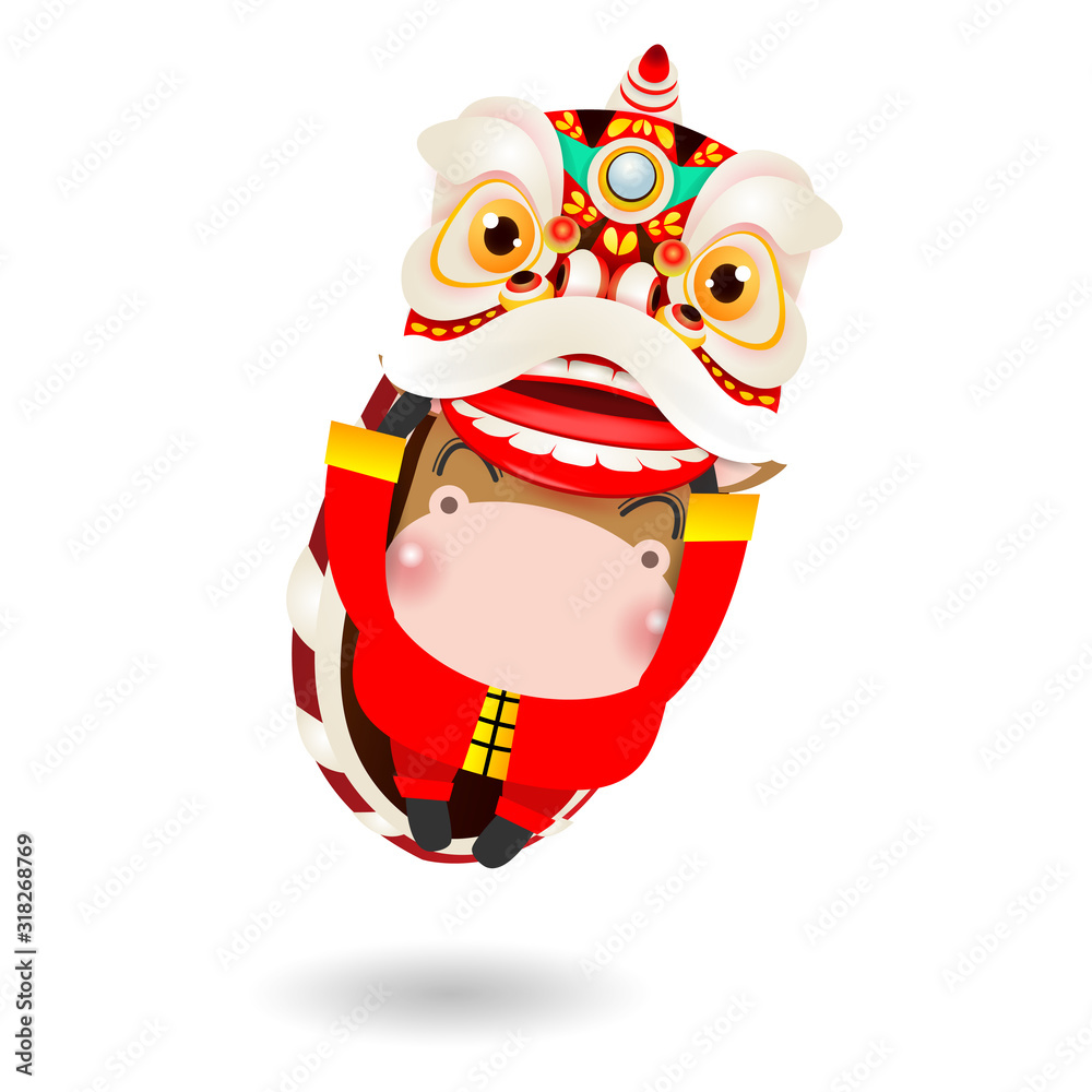 Little ox performs Lion Dance, Happy Chinese new year 2021 year of the ...