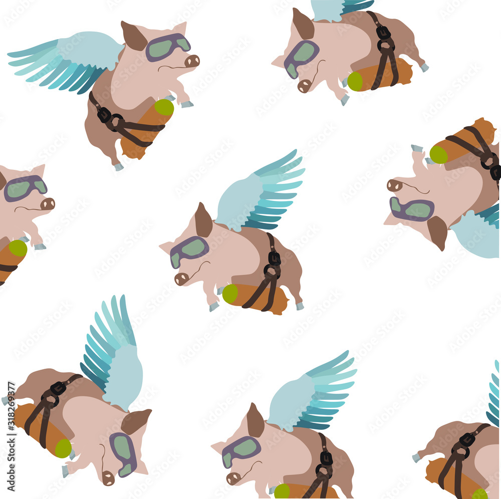cute pig with wings flying on a rocket, vector illustration of the ...