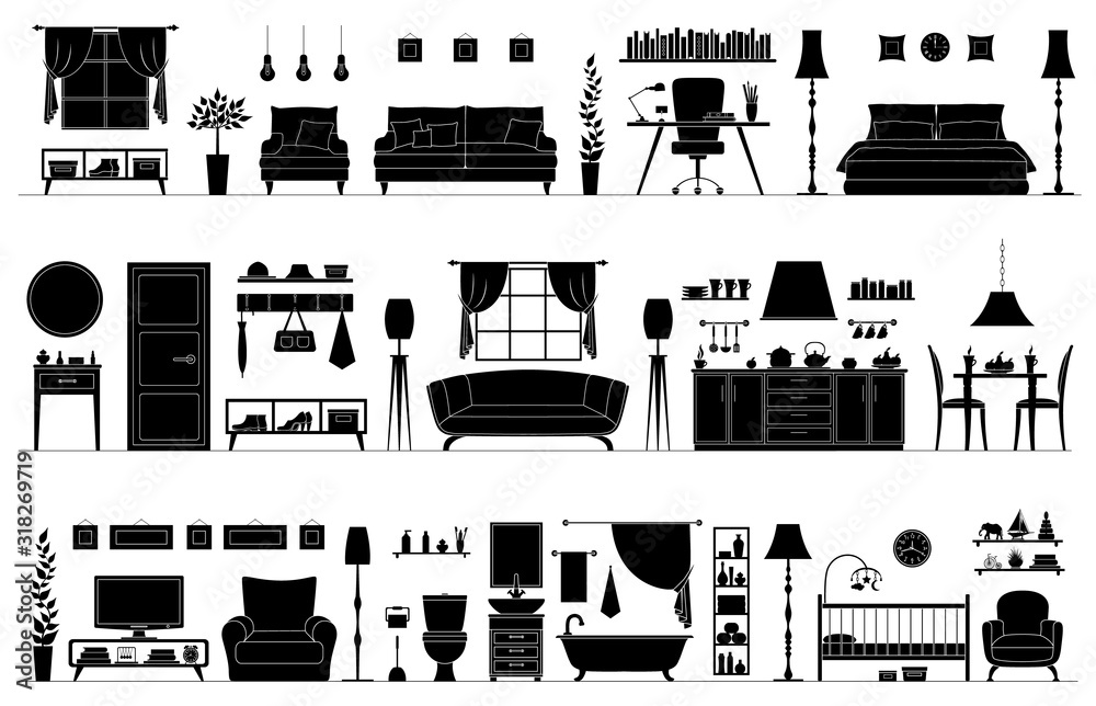 Set of black and white silhouettes of different rooms. Vector furniture ...