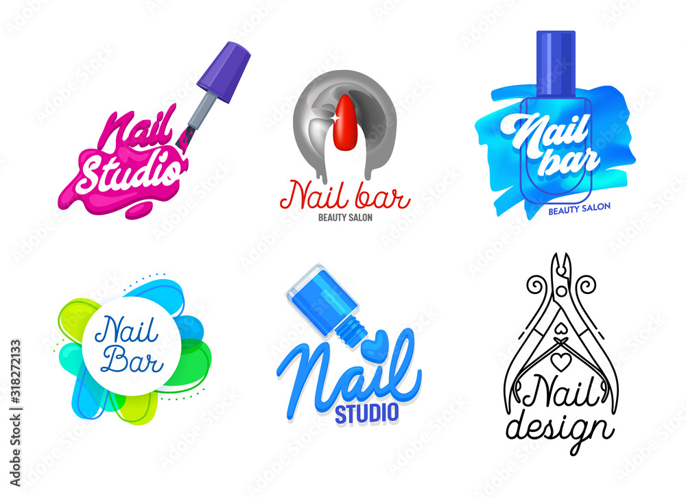 Big Set of Nail Art Studio Icons or Logo Design. Finger, Brush with ...