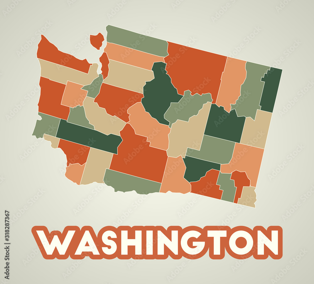 Washington poster in retro style. Map of the us state with regions in ...