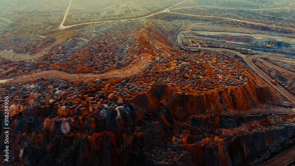 Iron ore quarry open pit mining aerial photography. Stock Photo | Adobe ...