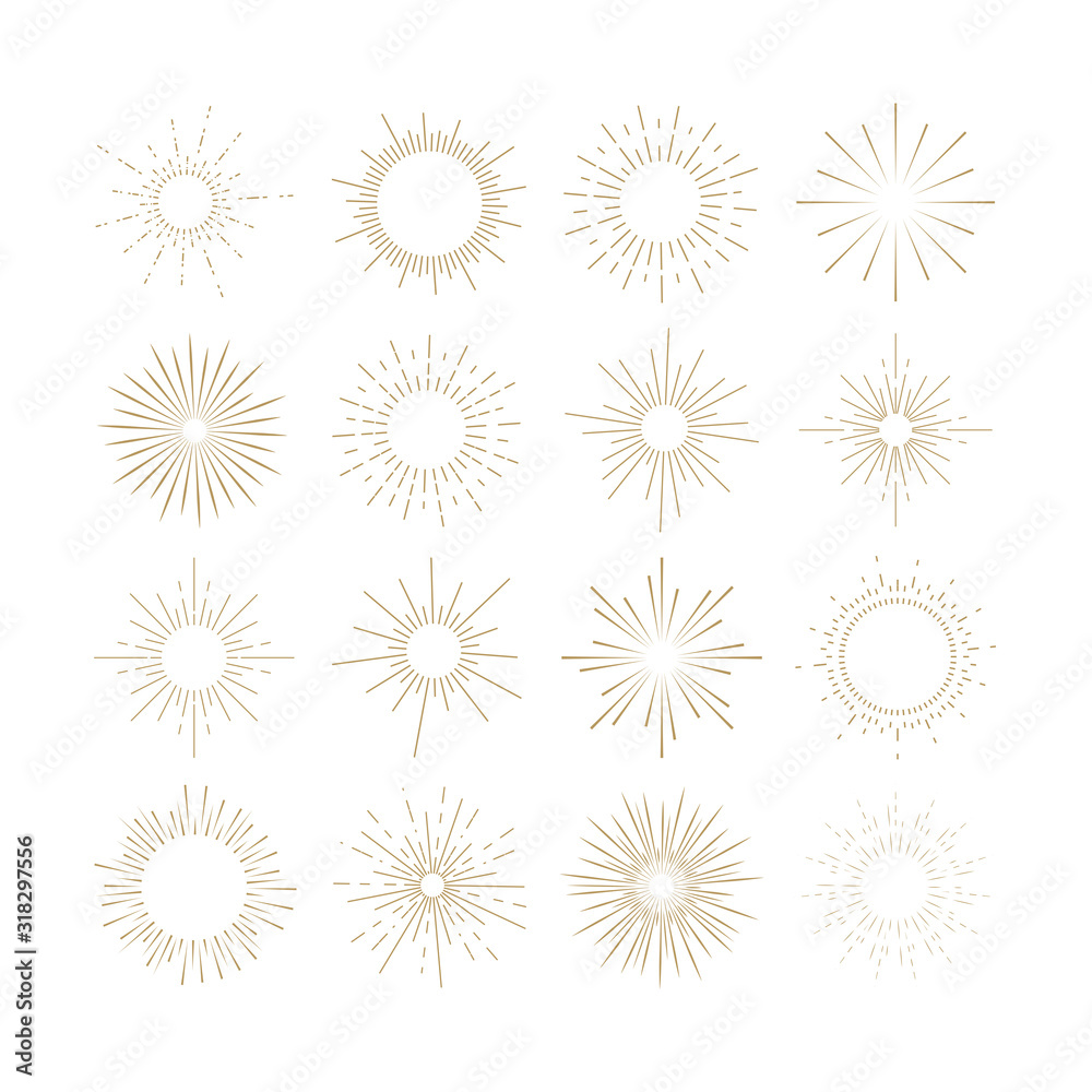 Set of vintage gold sunburst. Vector linear sun. Sunlight logo icon ...