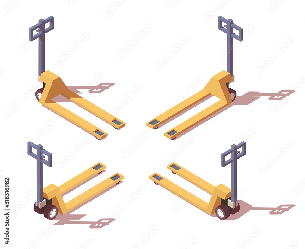 Vector isometric pallet truck icon set. Four side views pallet jack ...