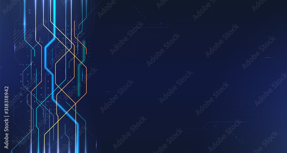 Technology background with neon line and dots over dark blue background ...