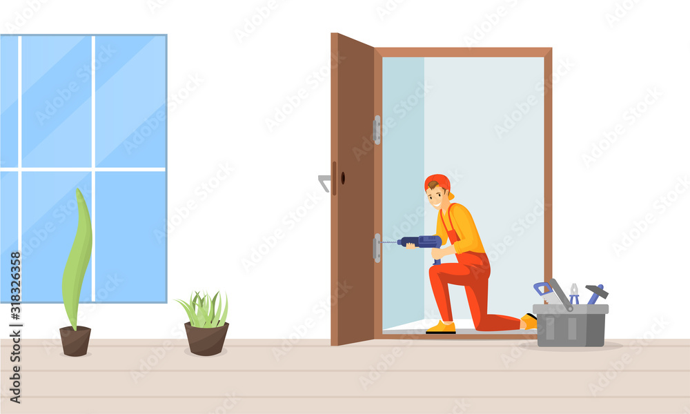 Carpenter fixing door flat vector illustration. Professional repairman ...