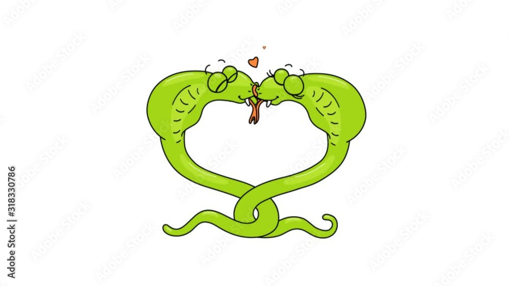 Two loving snakes kiss couple cheerful cartoon cute comic character ...
