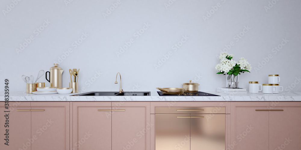Rose gold color kitchen interior with white wall,white countertops.A ...