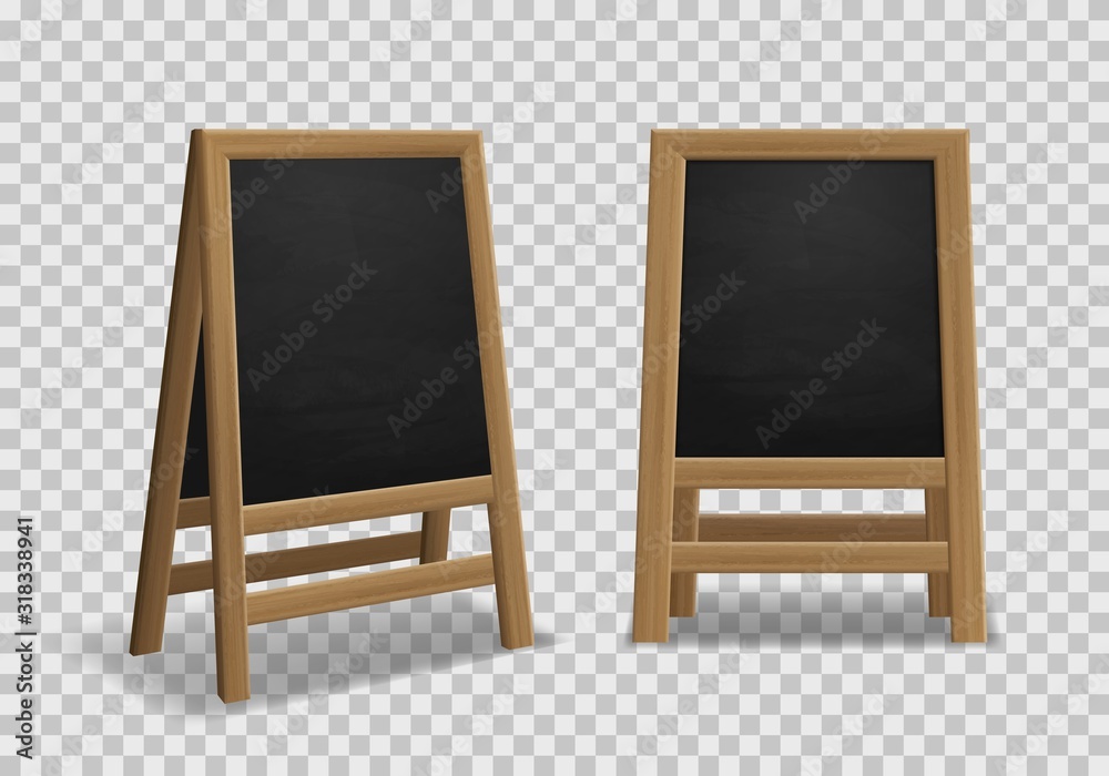 Menu announcement board. Realistic black wooden easel, sidewalk stand ...