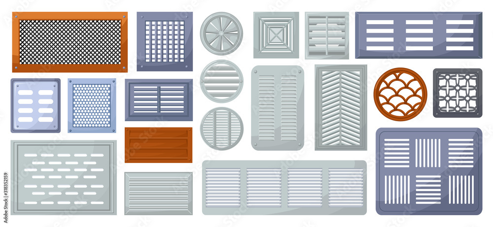 Air vent vector cartoon set icon.Vector illustration ventilation grate ...