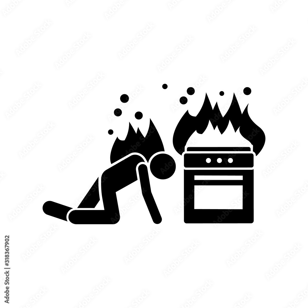 Gas stove, bomb, fire, man icon. Simple pictogram of human and fire ...