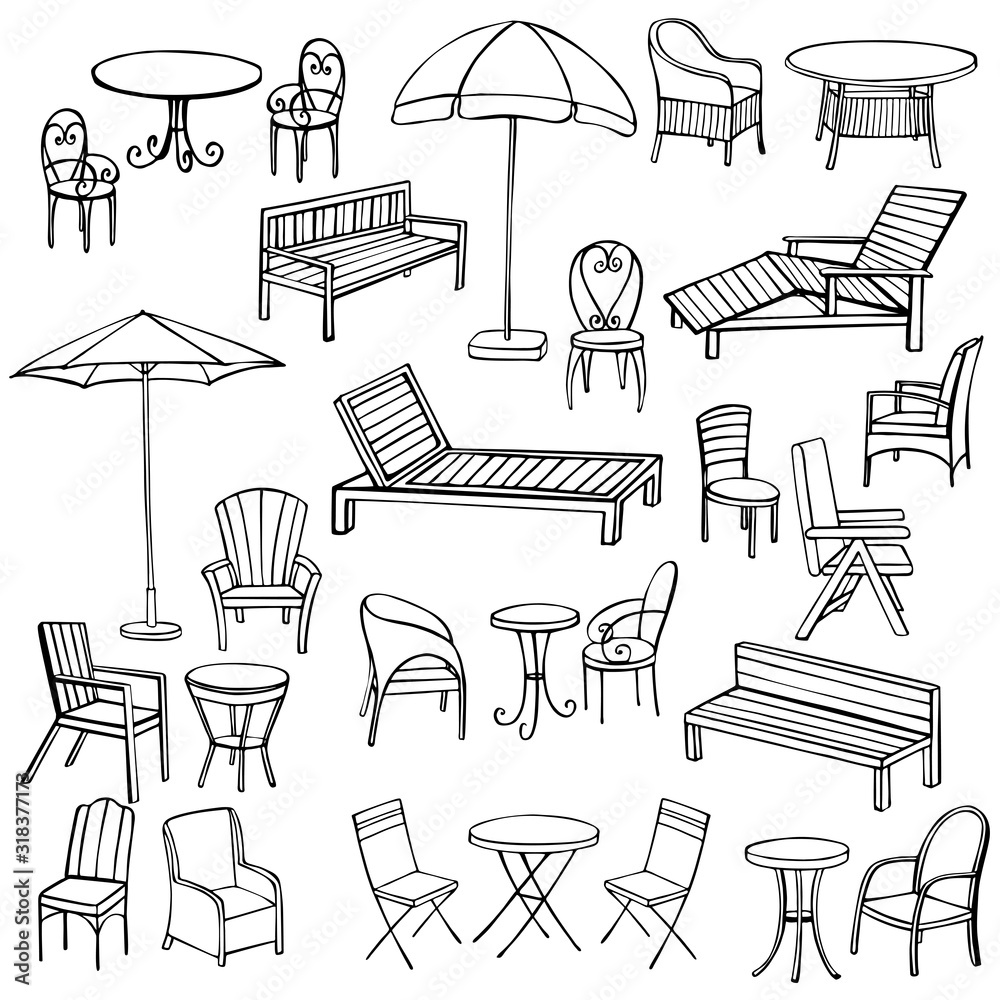 Hand drawn garden furniture. Vector sketch illustration. Stock Vector ...