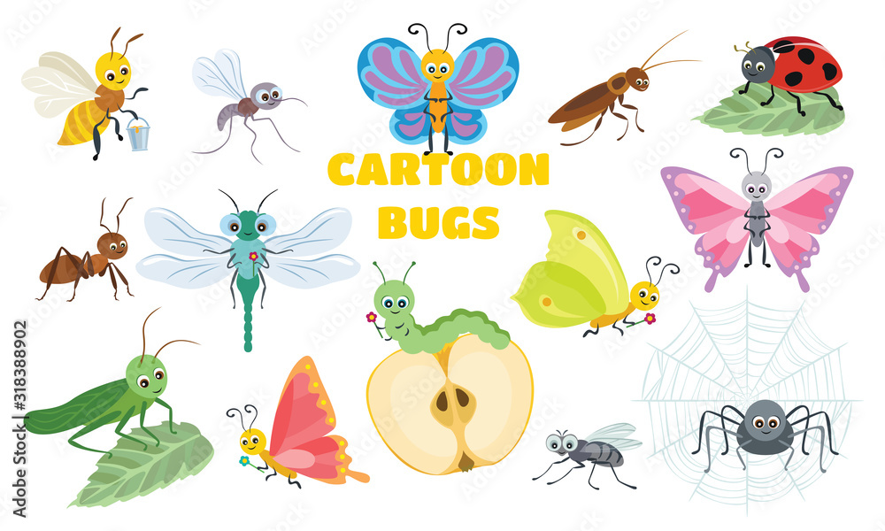 Vector cute insect collection. Butterfly, dragonfly, spider, ladybug ...