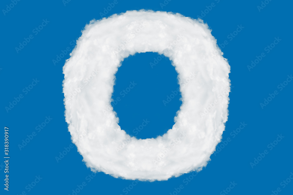 Letter O font shape element made of clouds on blue background over sky ...