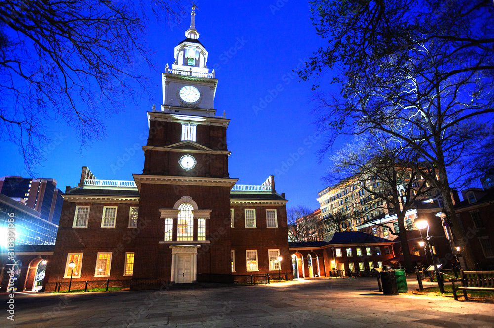 Illuminated Independence Square and Hall at night during winter in ...