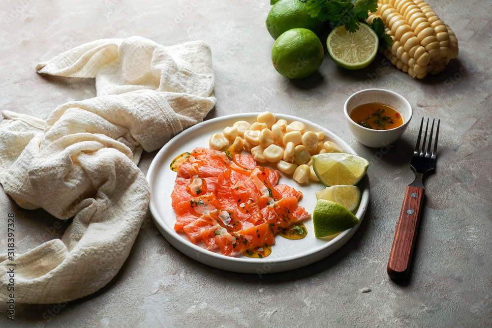tiradito de salmon - Peruvian dish of raw fish, carpaccio Stock Photo ...
