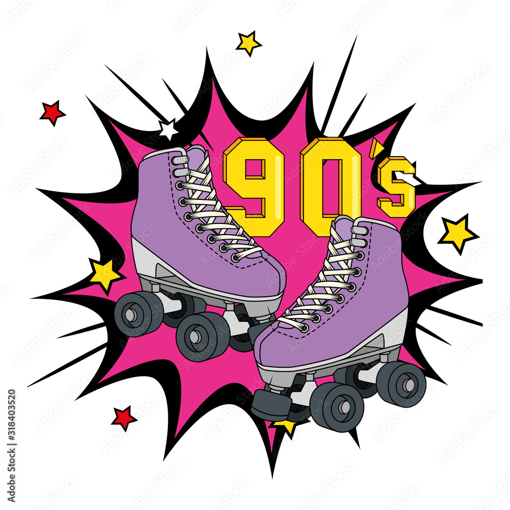 roller skates of nineties in explosion pop art vector illustration ...