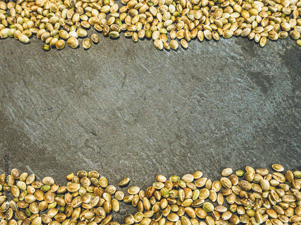 Cannabis, marijuana, light drugs. Hemp seeds. Top view. For Background ...