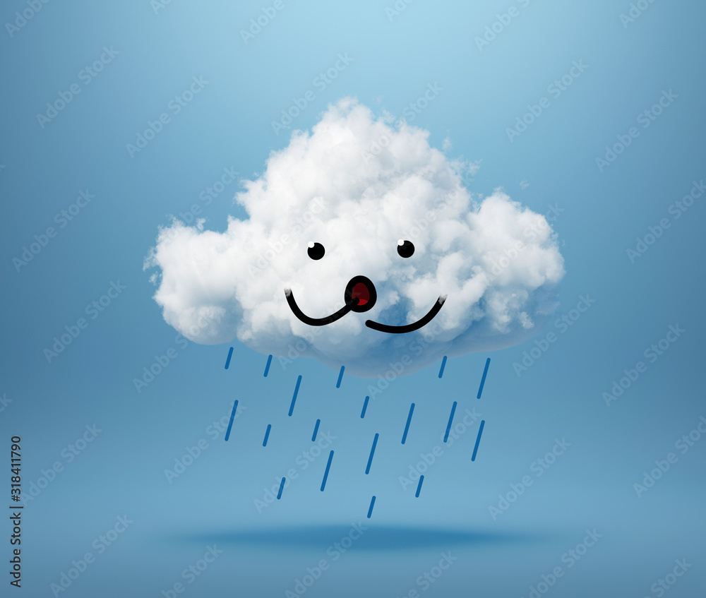 3d render, kawaii raining cloud character, mascot isolated on blue ...