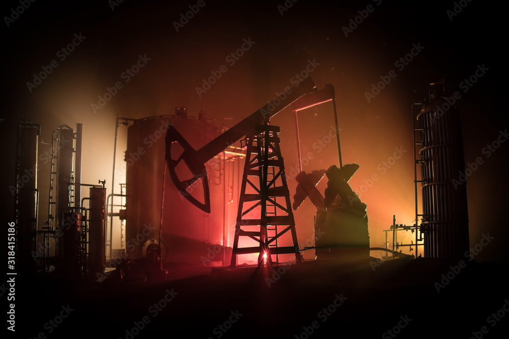 Artwork decoration. Oil pump and oil rig energy industrial machines for ...
