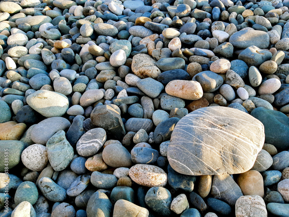 One large grey stone with white stripes is located in the right lower ...