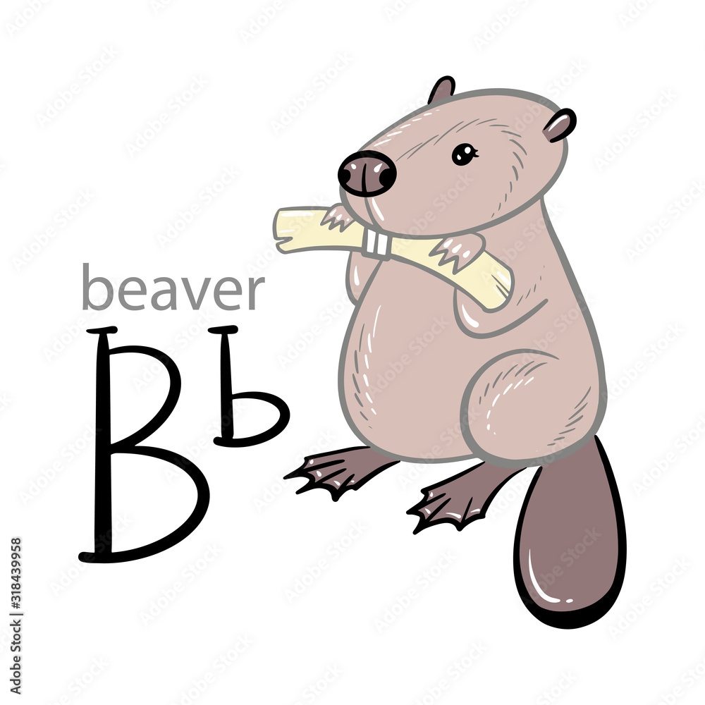Alphabet letter B beaver children vector illustration. Hand draw cute ...