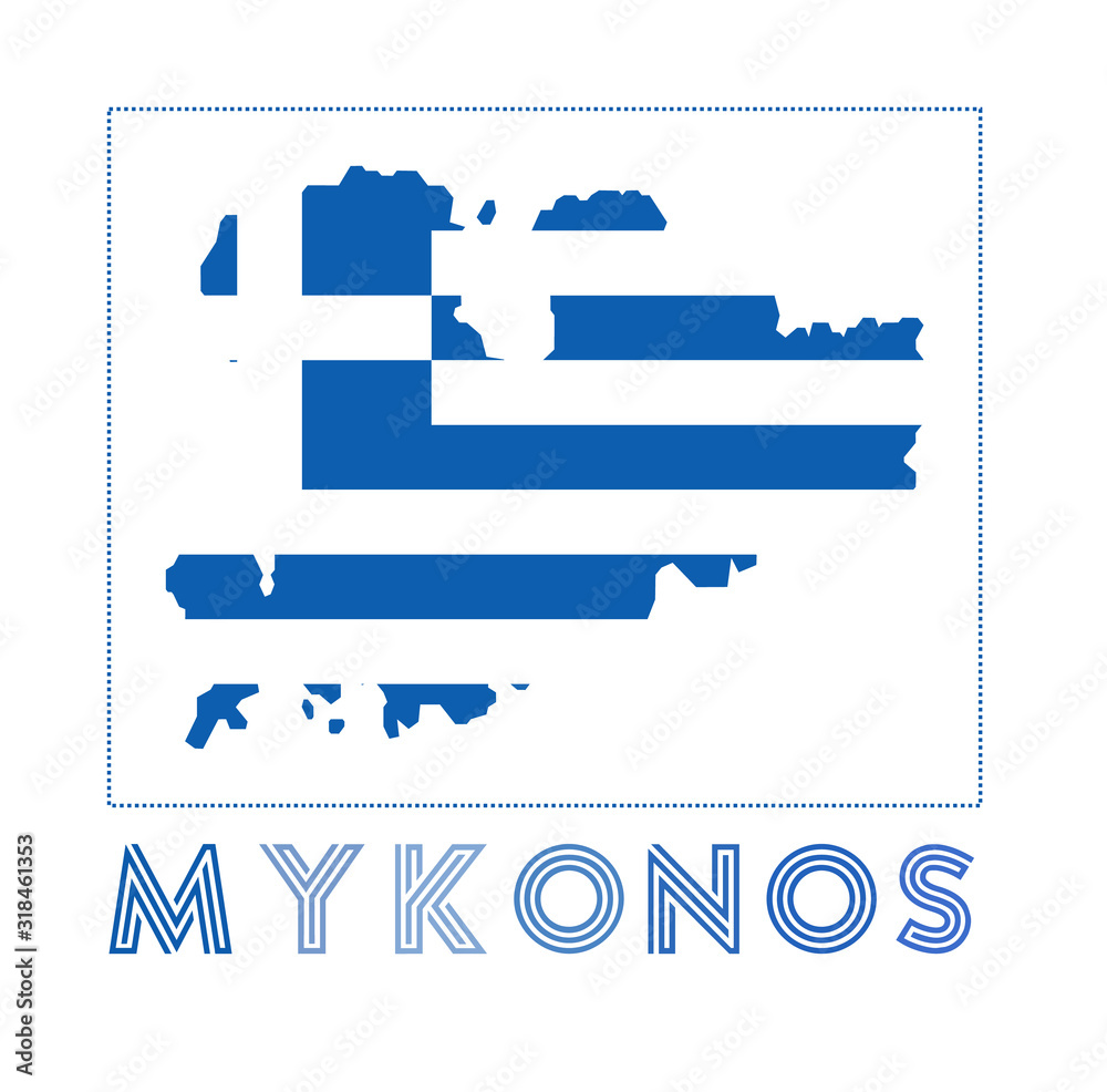 Mykonos Logo. Map of Mykonos with island name and flag. Charming vector ...