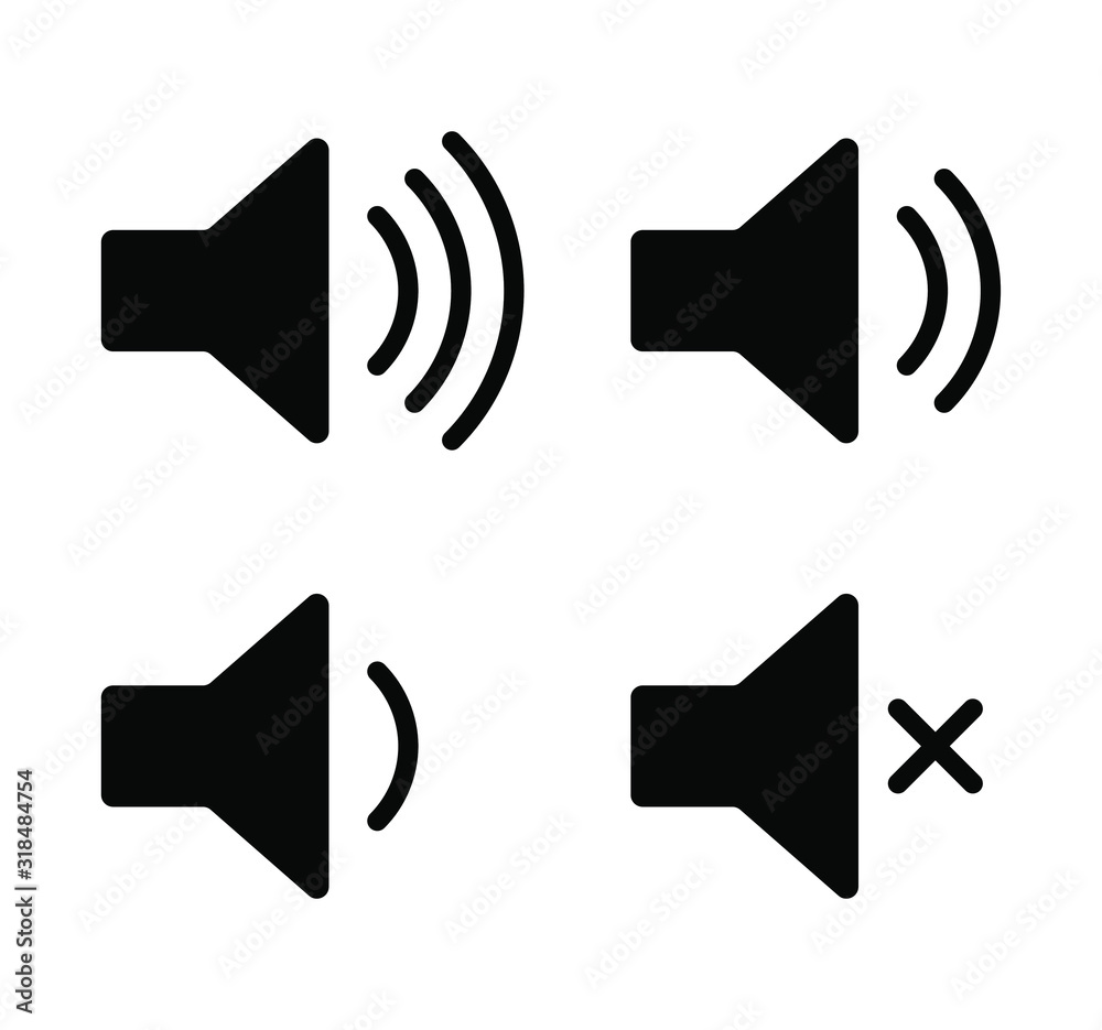 Speaker icon set. Volume control on/off mute symbol. Flat application ...